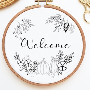 Pumpkin Welcome Embroidery Pattern, Autumn Hand Embroidery Design, Fall ...