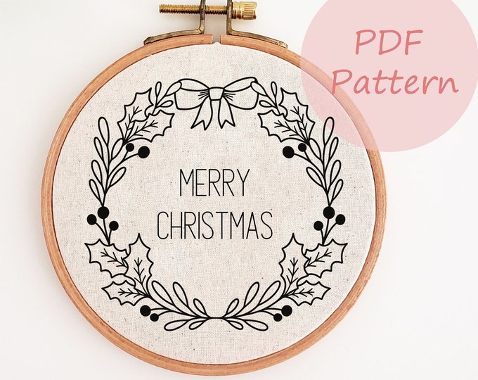 Christmas Wreath Embroidery Pattern, Merry Christmas Embroidery PDF ...