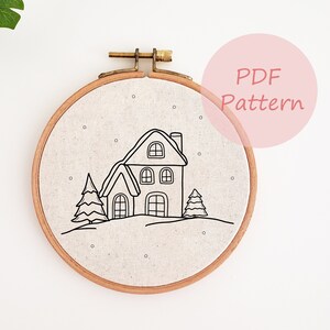 Winter Scene Embroidery Pattern, Christmas Tree, Snow House Embroidery ...