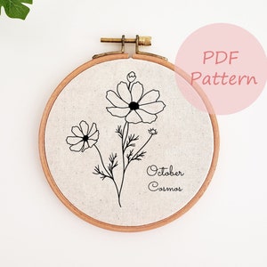 October Birth Month Embroidery Pattern, Cosmos Flower Hand Embroidery ...