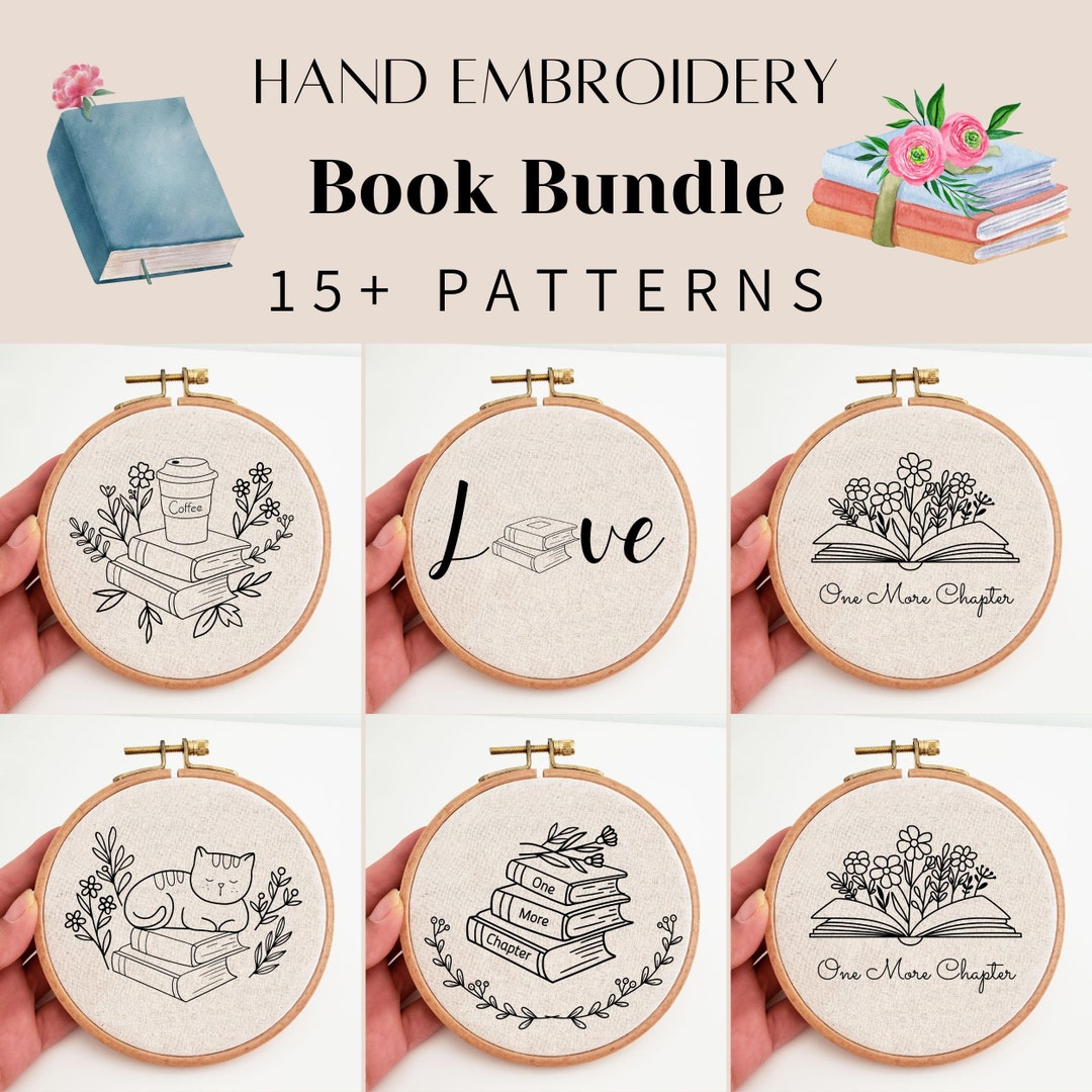 Book Embroidery Pattern Bundle, Book Stack Embroidery, Book Quote ...