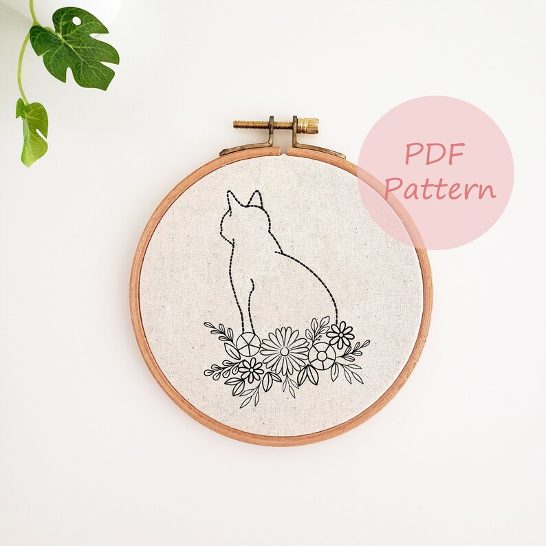 Flower Cat Embroidery PDF Pattern, Cat Hand Embroidery Design, Floral ...