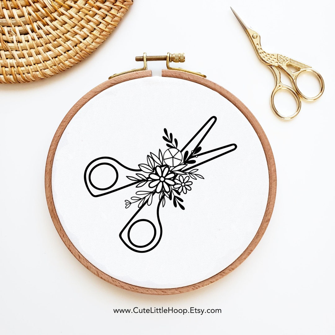 Floral Scissors Embroidery Pattern, Scissors Hand Embroidery Design ...