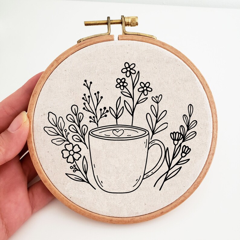 Flower Cup Embroidery Pattern, Tea, Coffee Cup Embroidery Design, Fall ...