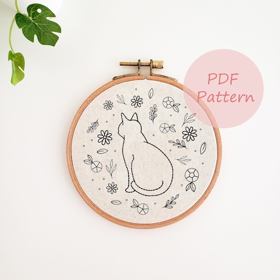 Flower and Cat Embroidery Pattern Cat Embroidery PDF Flower - Etsy