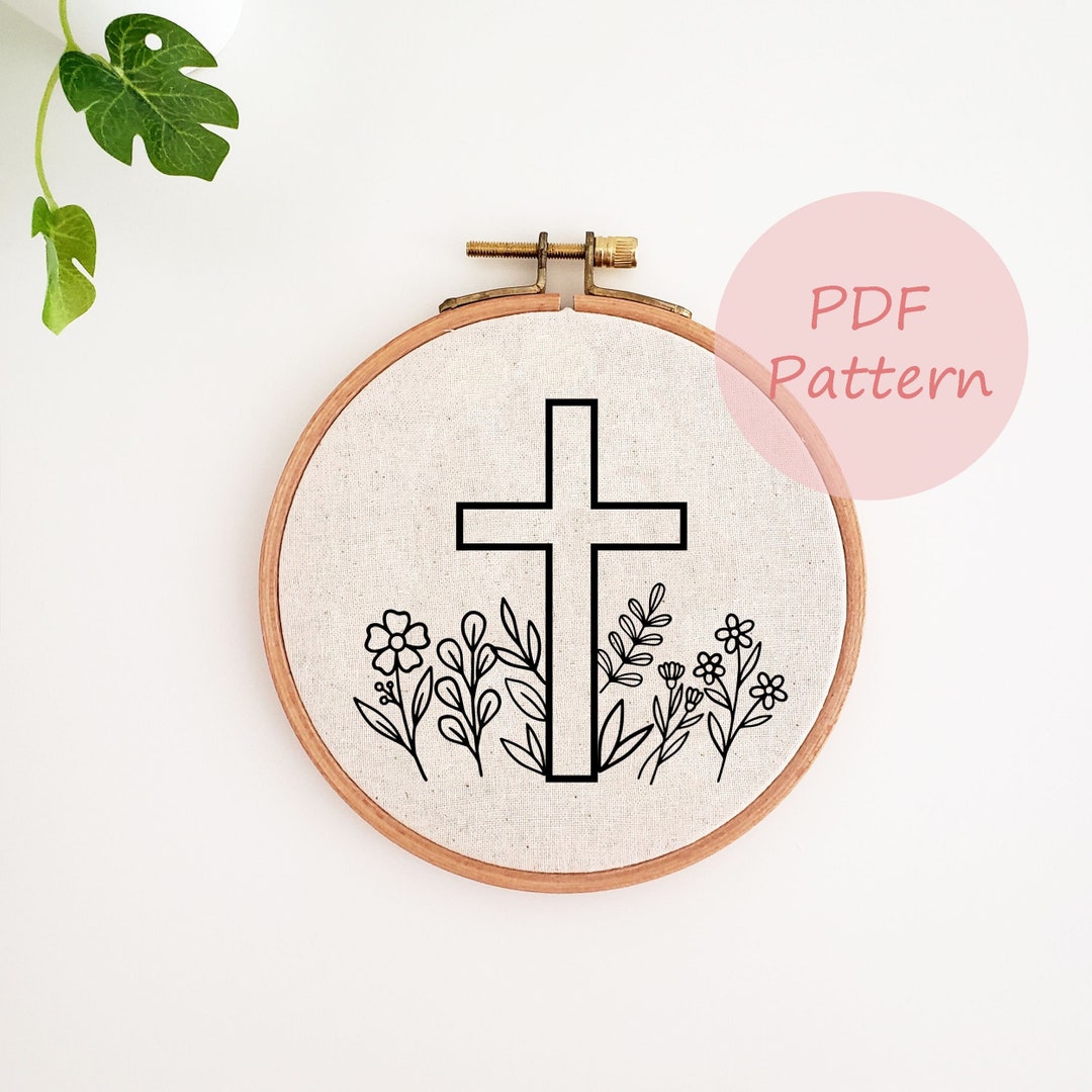 Christian Cross Embroidery Pattern, Floral Cross Hand Embroidery Design ...