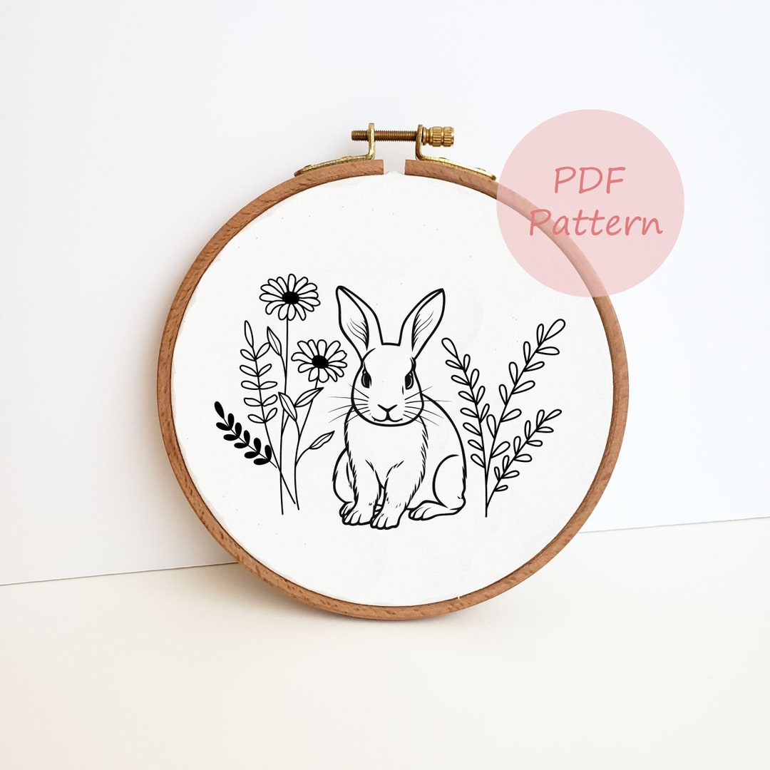 Rabbit Embroidery Pattern, Animal Wildflower Embroidery PDF, Floral ...