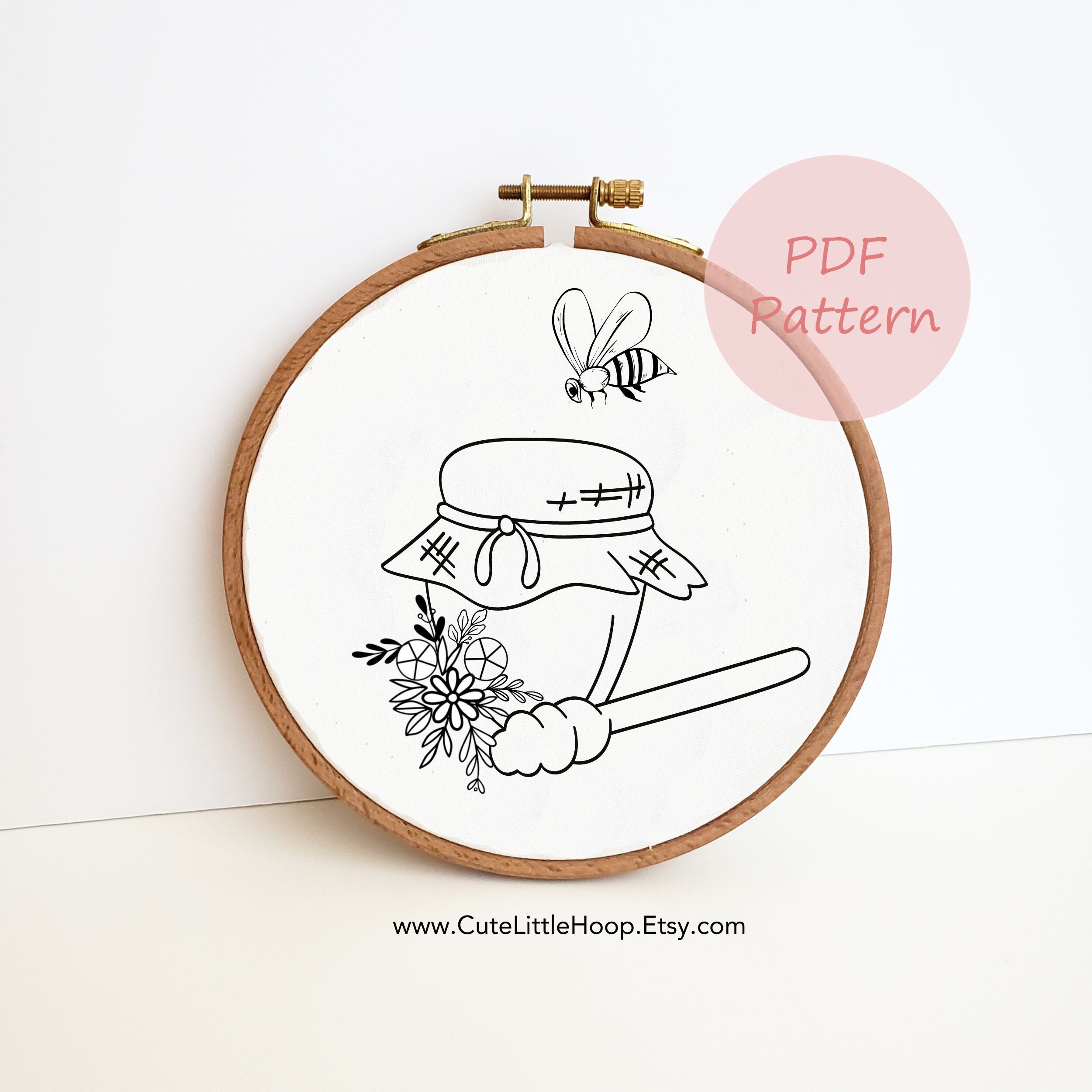 Bee Honey Pot Embroidery Pattern, Flower Bee PDF Pattern, Beginner Hand ...