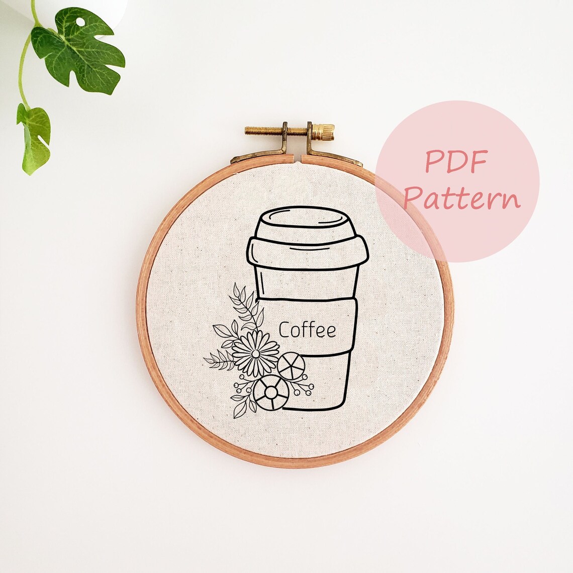 Flower Coffee Cup Embroidery Pattern, Coffee Hand Embroidery Design ...