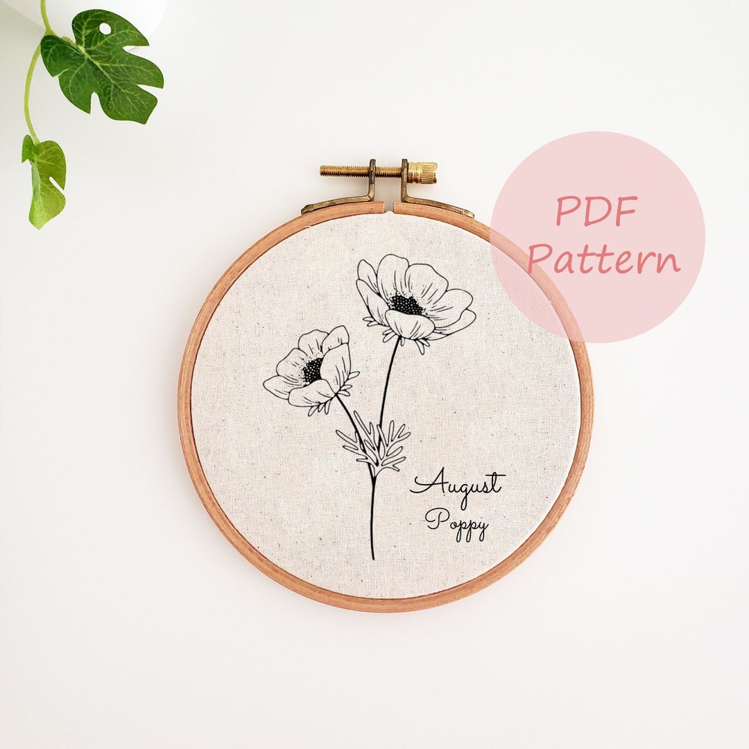 August Birth Month Embroidery Pattern, Poppy Flower Hand Embroidery ...