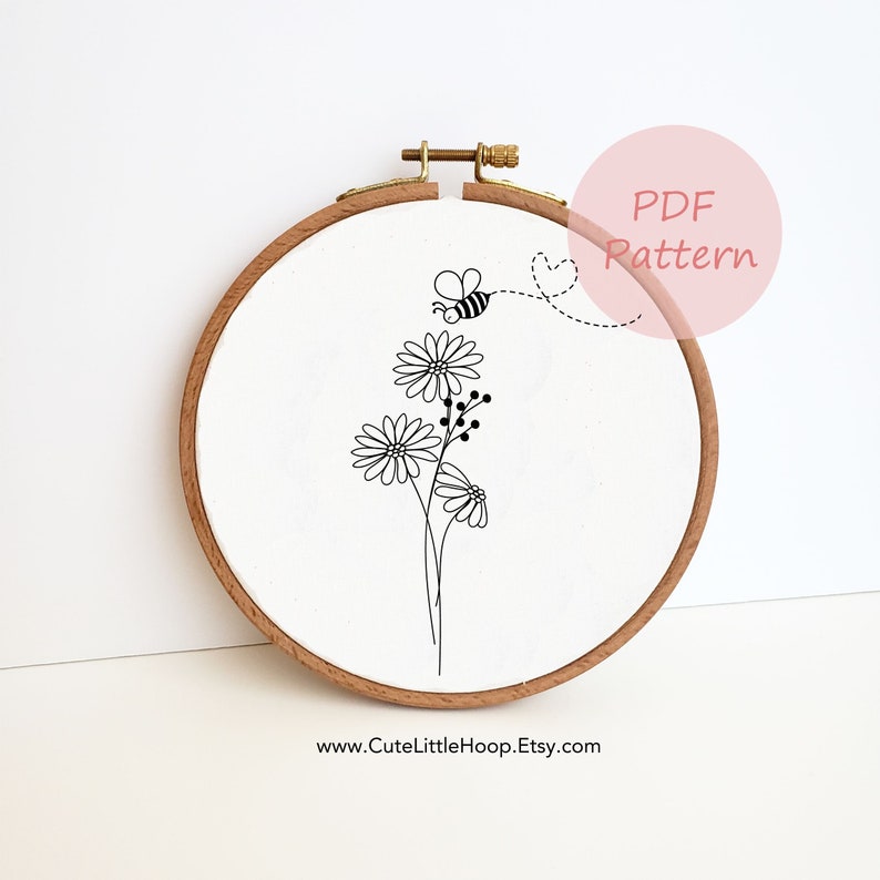 Daisy Bee Embroidery PDF Pattern, Wildflower Hand Embroidery Design ...