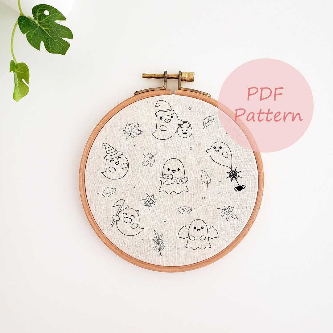 Halloween Ghost Hand Embroidery Design, Ghost With Fall Leaves ...