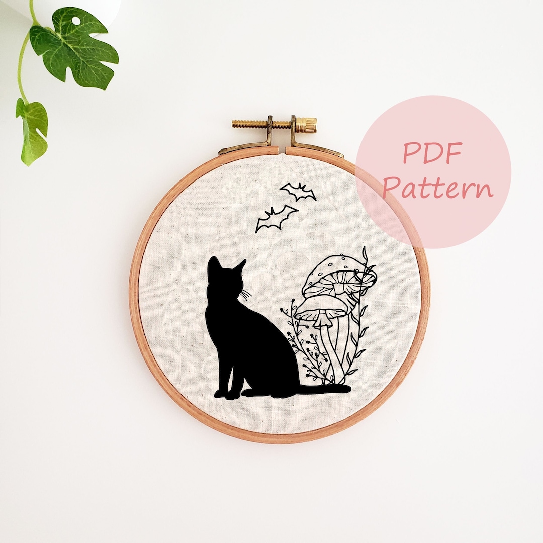 Black Cat With Bat Embroidery Pattern, Halloween Cat Embroidery Pattern ...