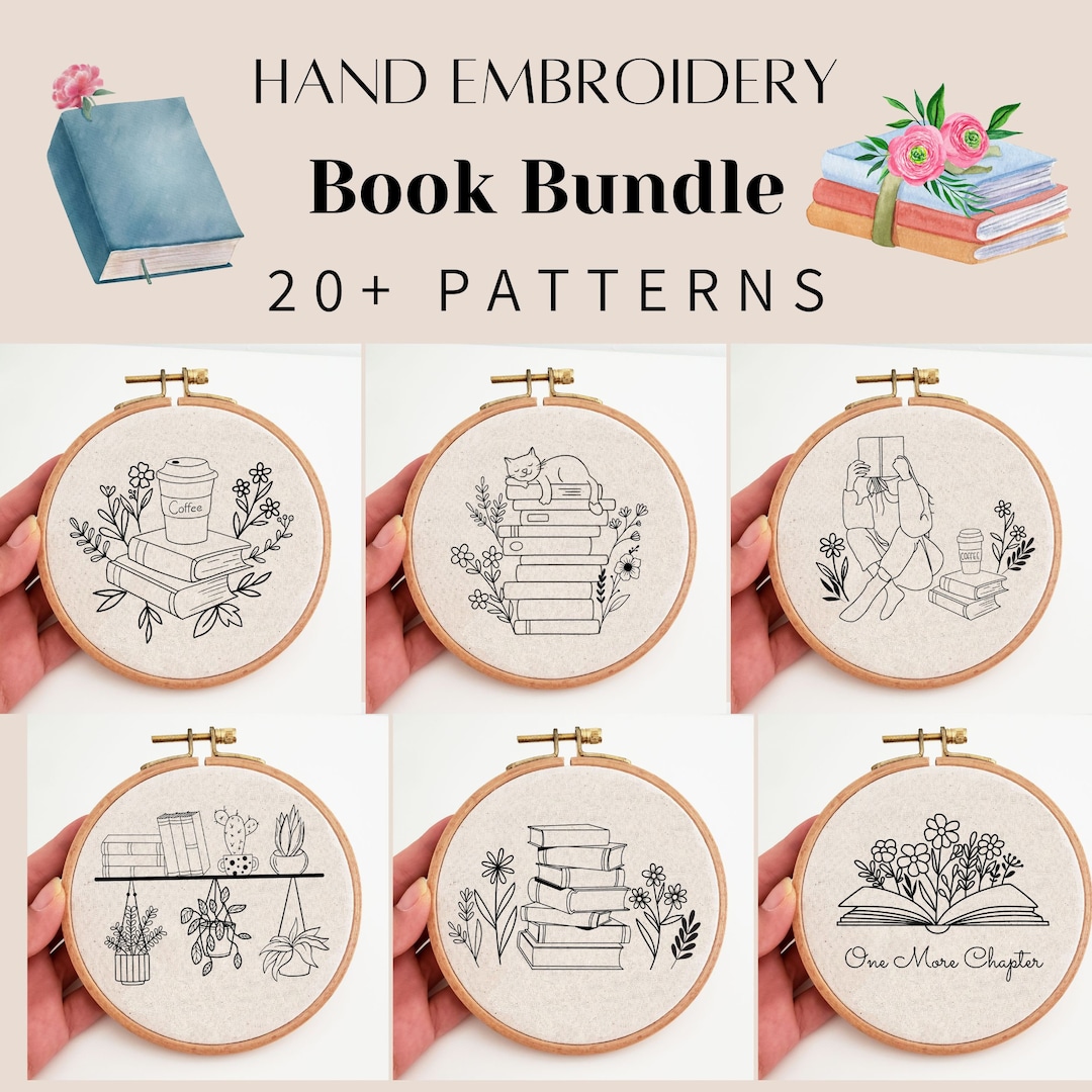 Book Embroidery Pattern Bundle, Book Stack Embroidery, Book Quote ...