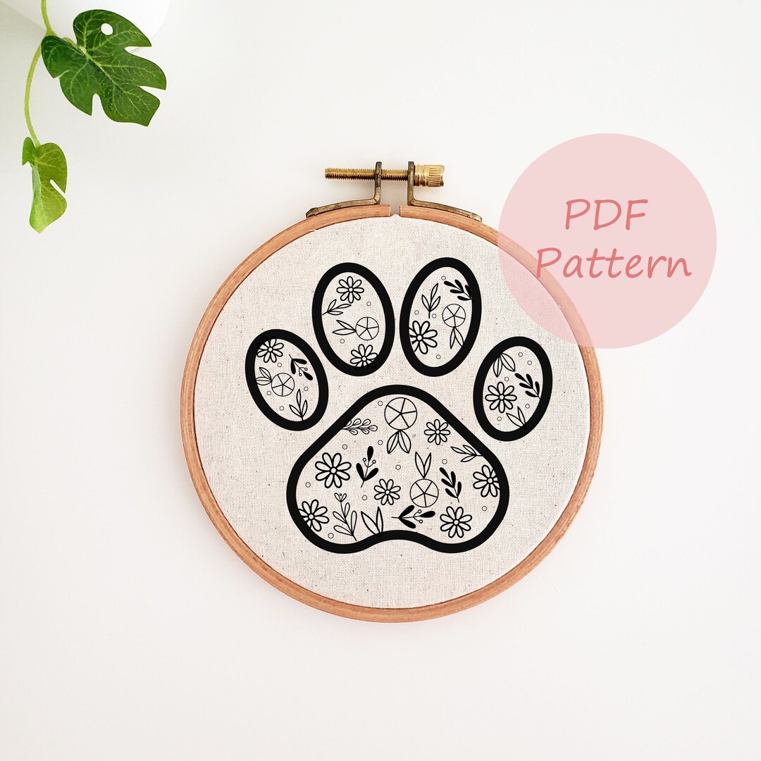 Floral Pet Paw Embroidery Pattern, Dog Cat Paw PDF Pattern, Hand ...