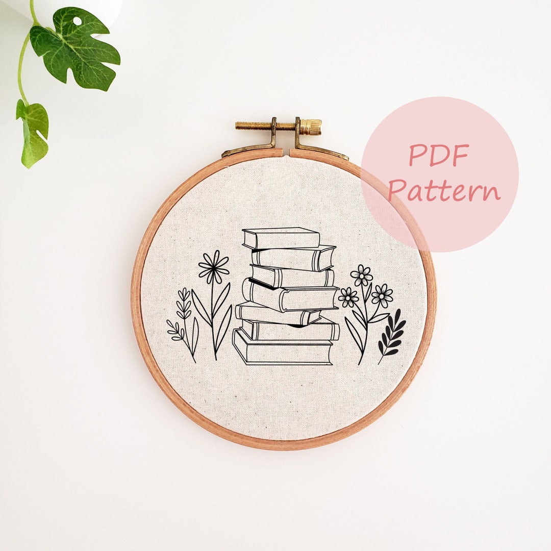 Bookstack Embroidery Pattern, Book Embroidery PDF, Beginner Hand Embroidery Design, Embroidery ...
