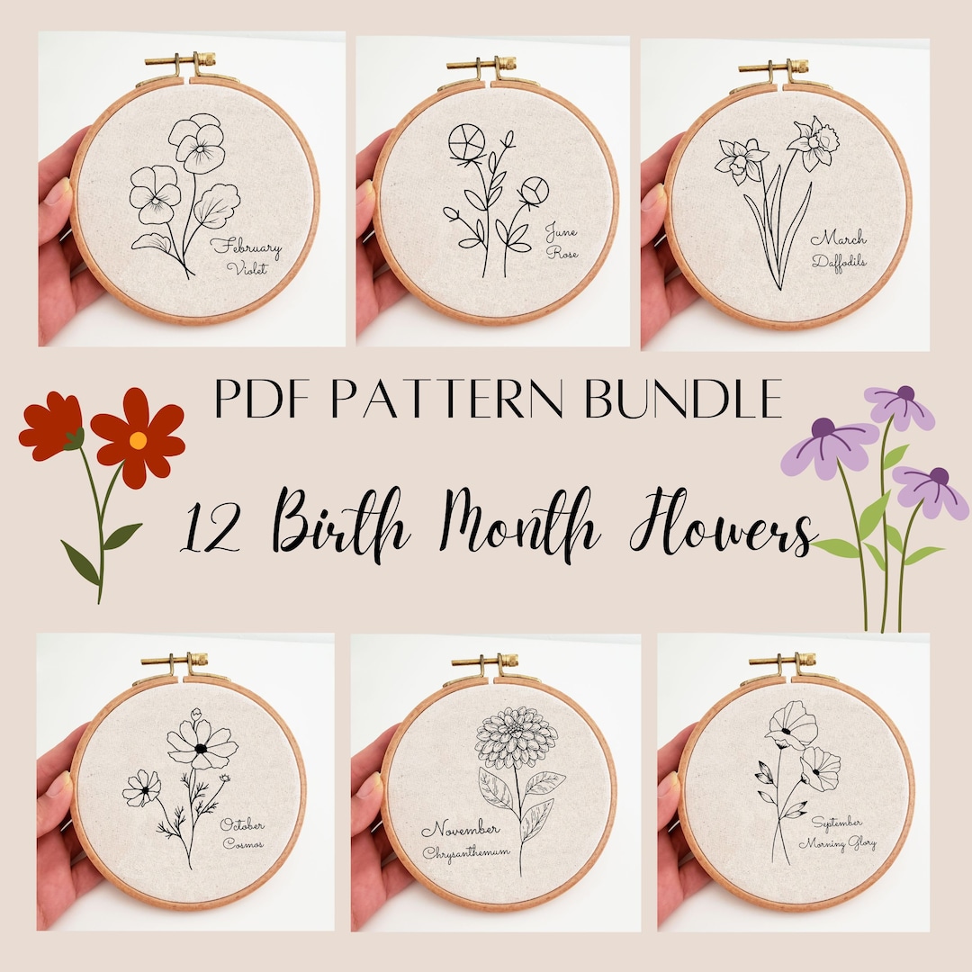 Birth Month Flower Embroidery Pattern Bundle, Birth Flower Printable ...