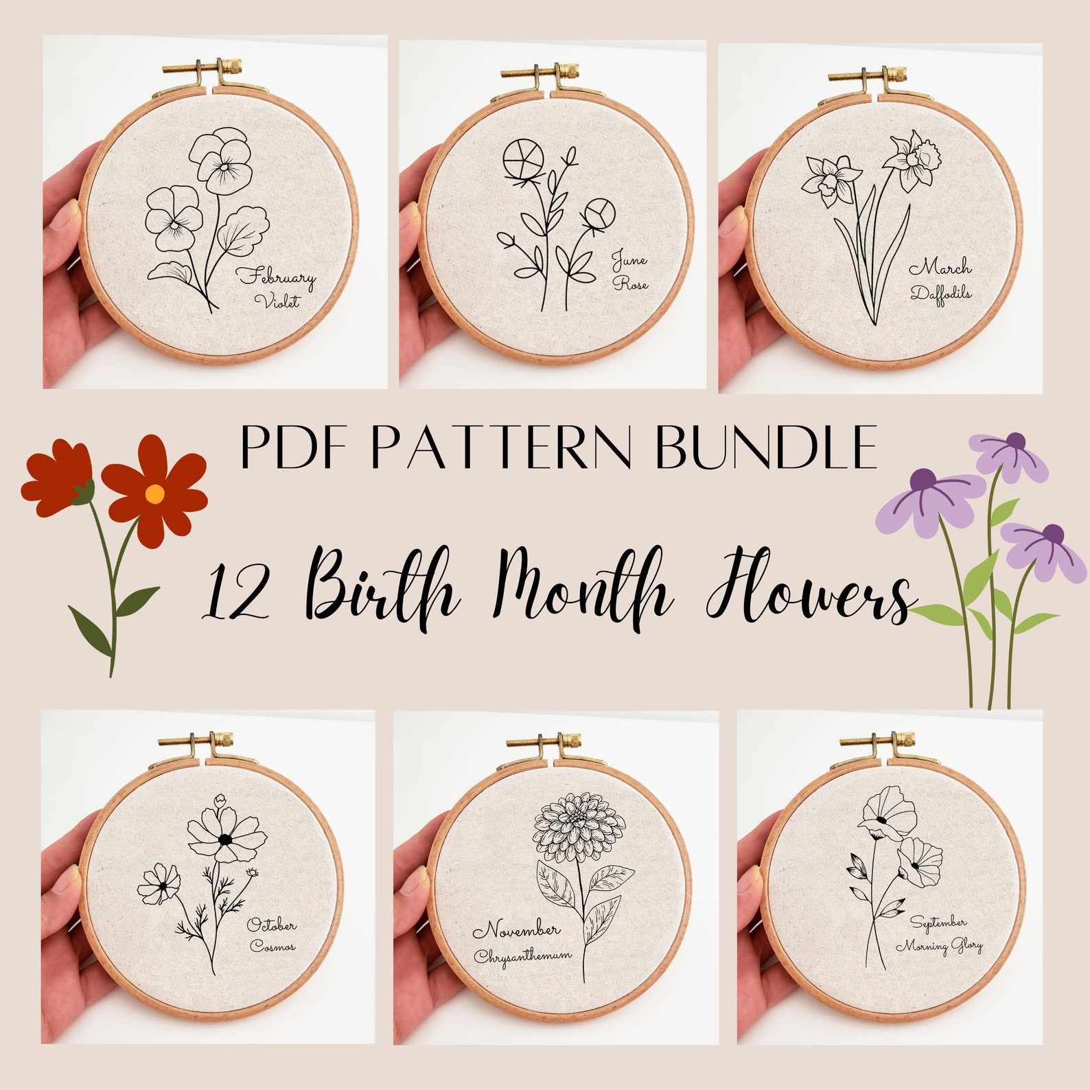 Birth Month Flower Embroidery Pattern Bundle, Birth Flower Printable PDF Patterns, Floral Hand ...
