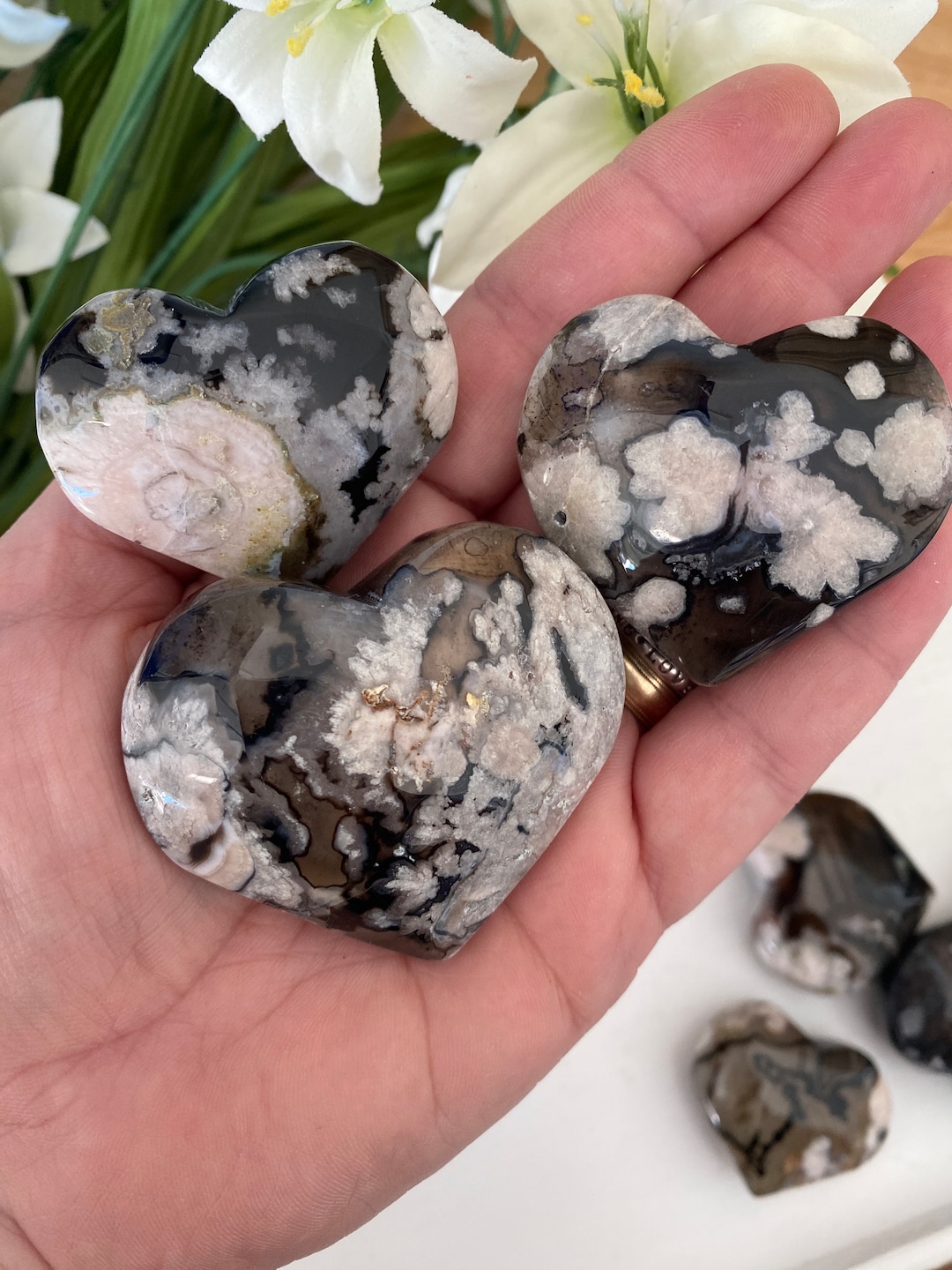 Black Flower Agate Hearts you Choose Rare - Etsy