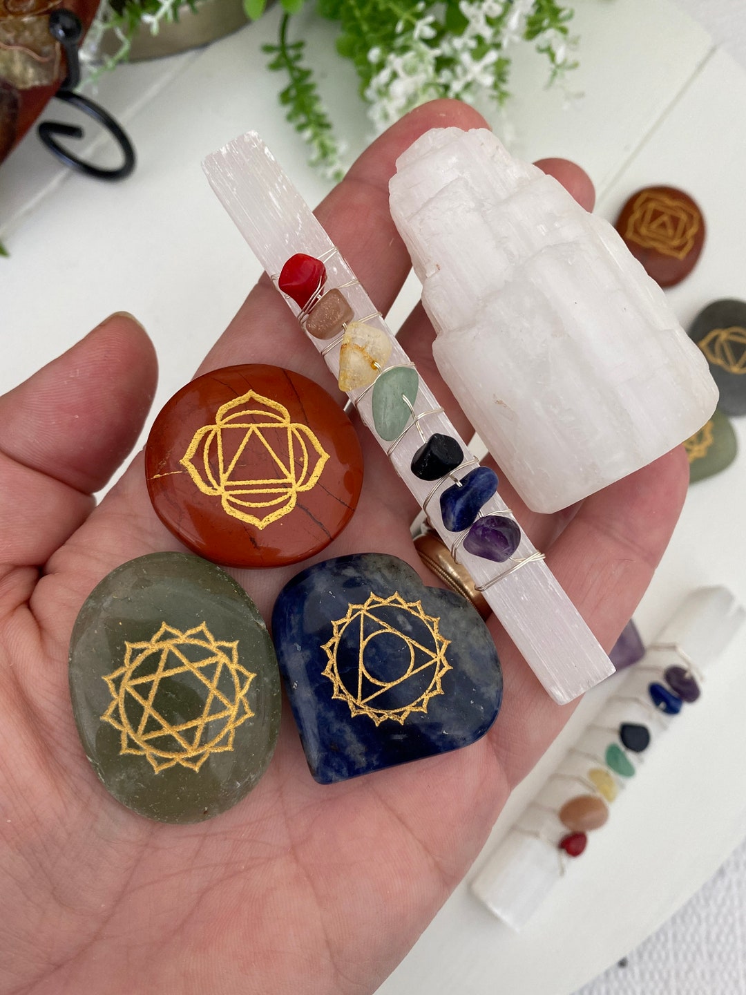 7 Chakra Stones, Selenite Tower and Chakra Stick You Choose Heart, Oval ...