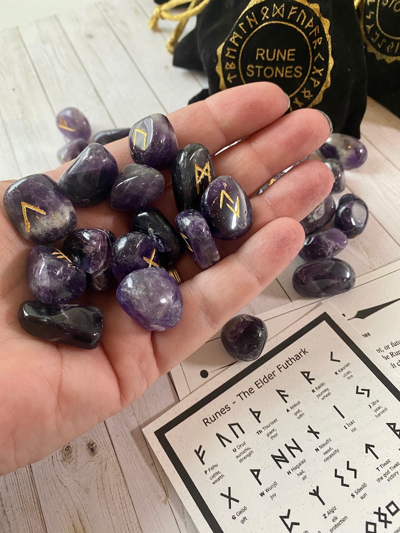 Crystal Rune Stones With Info Cards - Amethyst, Green Avent., Red ...