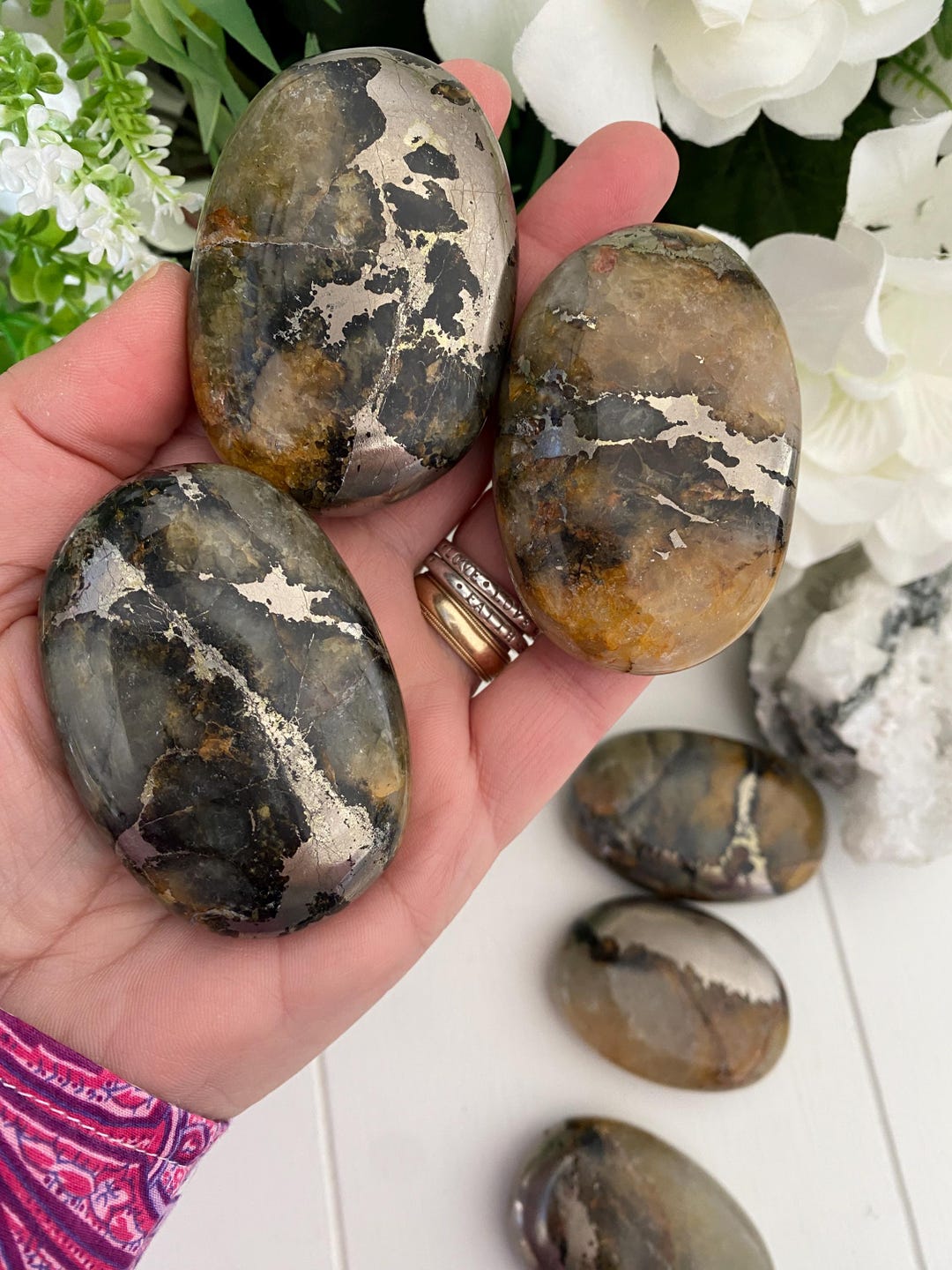 Lion’s Gate Quartz Palm Stones (golden Healer, Pyrite & Black ...