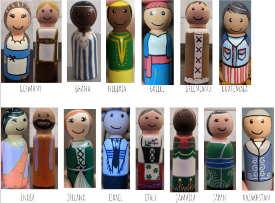 World Cultures Peg Dolls Set of 8 | Etsy