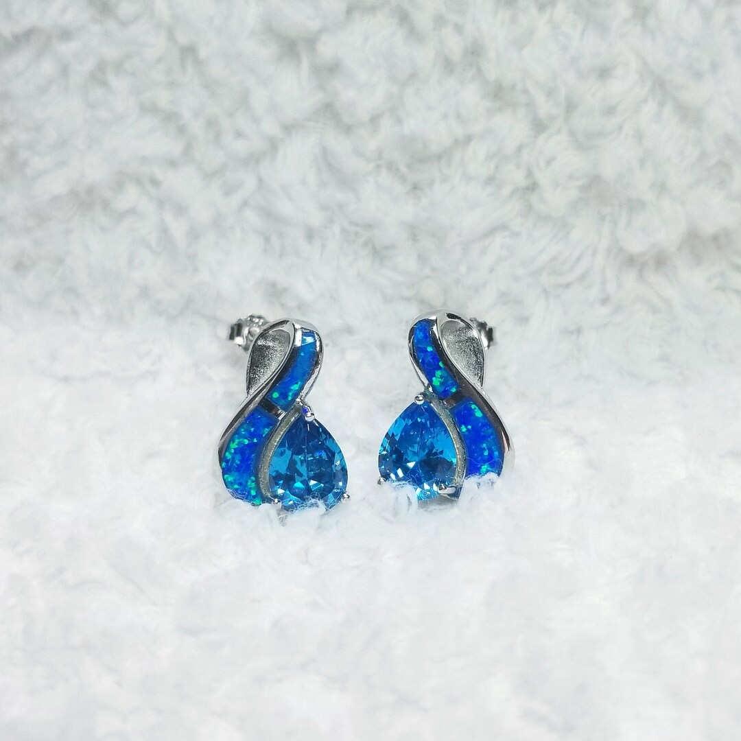 Blue Fire Opal Wavy Designed With Pear Topaz Sterling Silver Stud ...