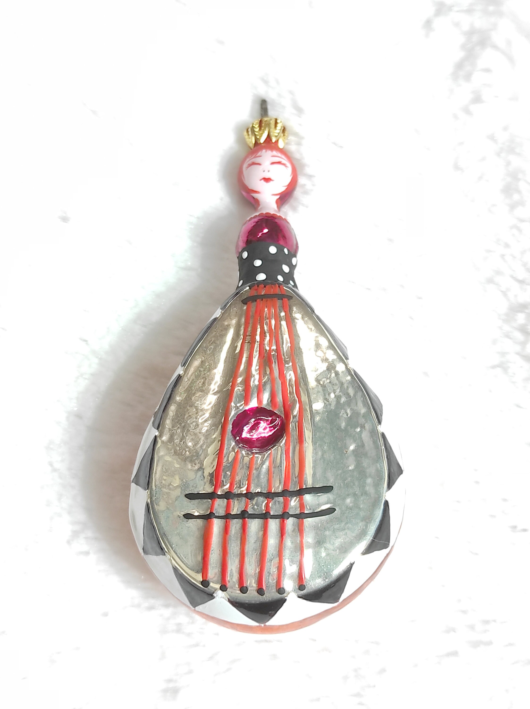 Vintage Unique Glass Xmas Ornament Red Queen Mandolin Toy Musical ...