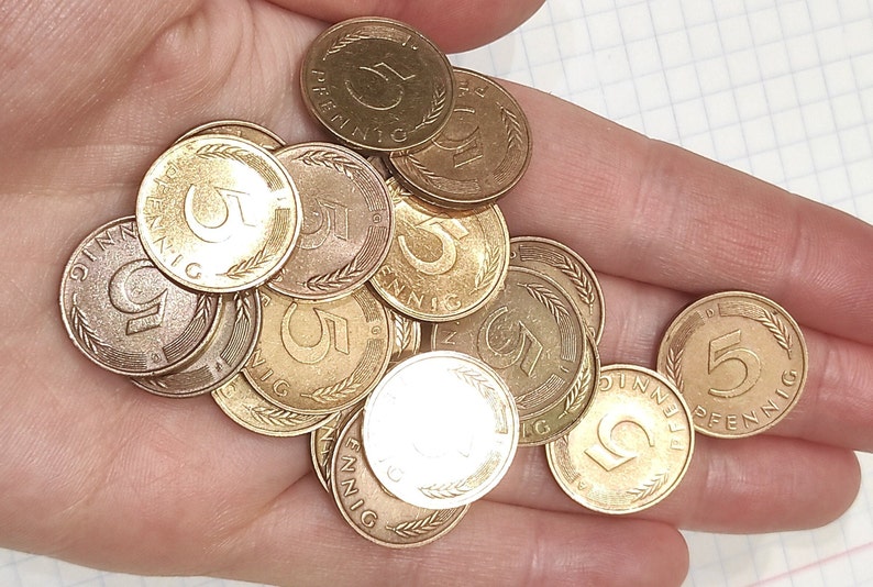 Vintage Retro Metal Copper German Coins 23 Pcs 5 Pfennig Bundesrepublik ...