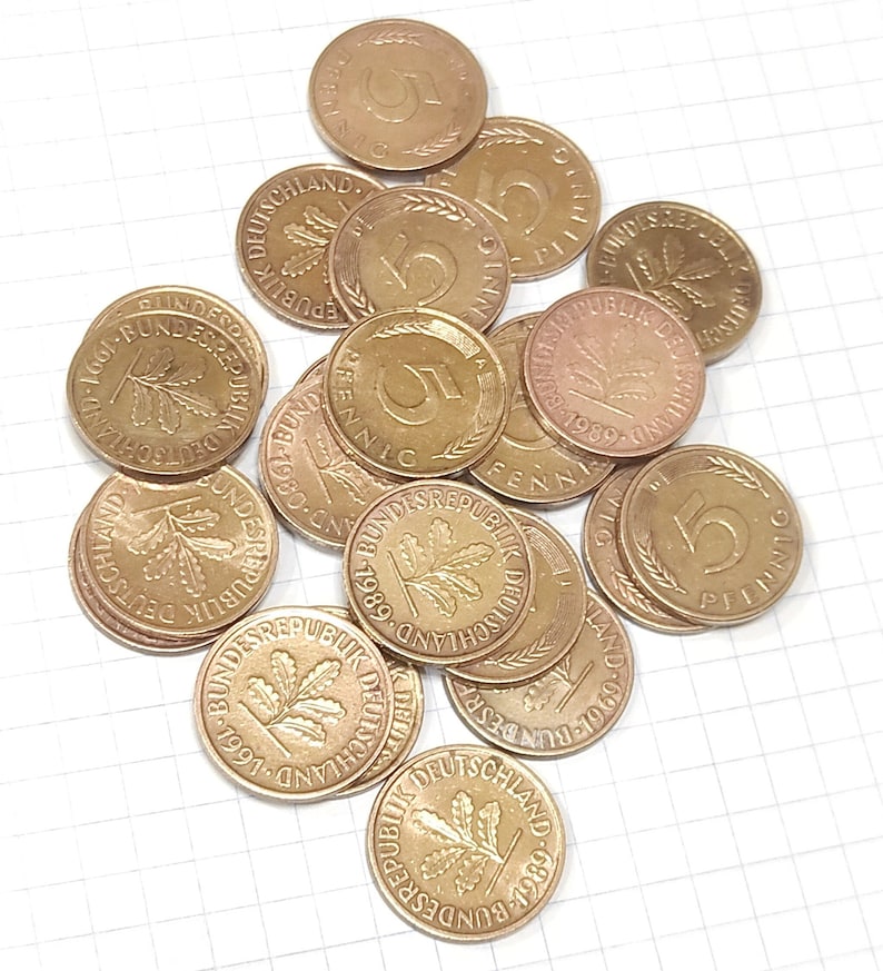 Vintage Retro Metal Copper German Coins 23 Pcs 5 Pfennig Bundesrepublik ...