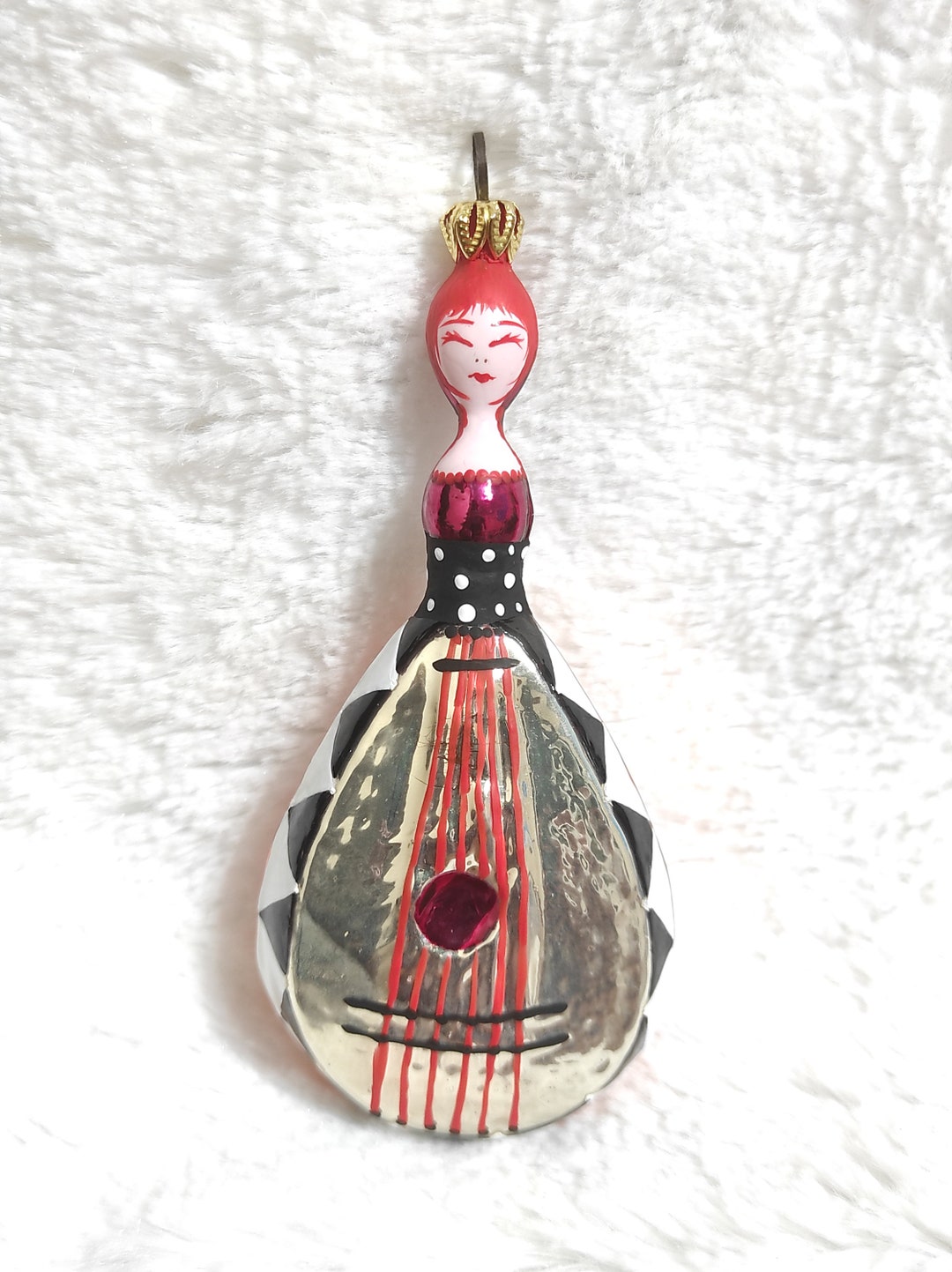 Vintage Unique Glass Xmas Ornament Red Queen Mandolin Toy Musical ...