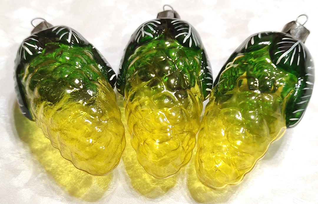 Vintage Xmas Ornaments Glass Cones Bumps Set of 3 Pcs Yellow Decoration ...