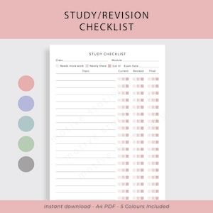 Revision Study Checklist Tracker Printable - A4 PDF Instant Digital ...