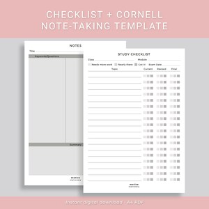 Student Revision Checklist and Note Taking Cornell Template A4 PDF ...