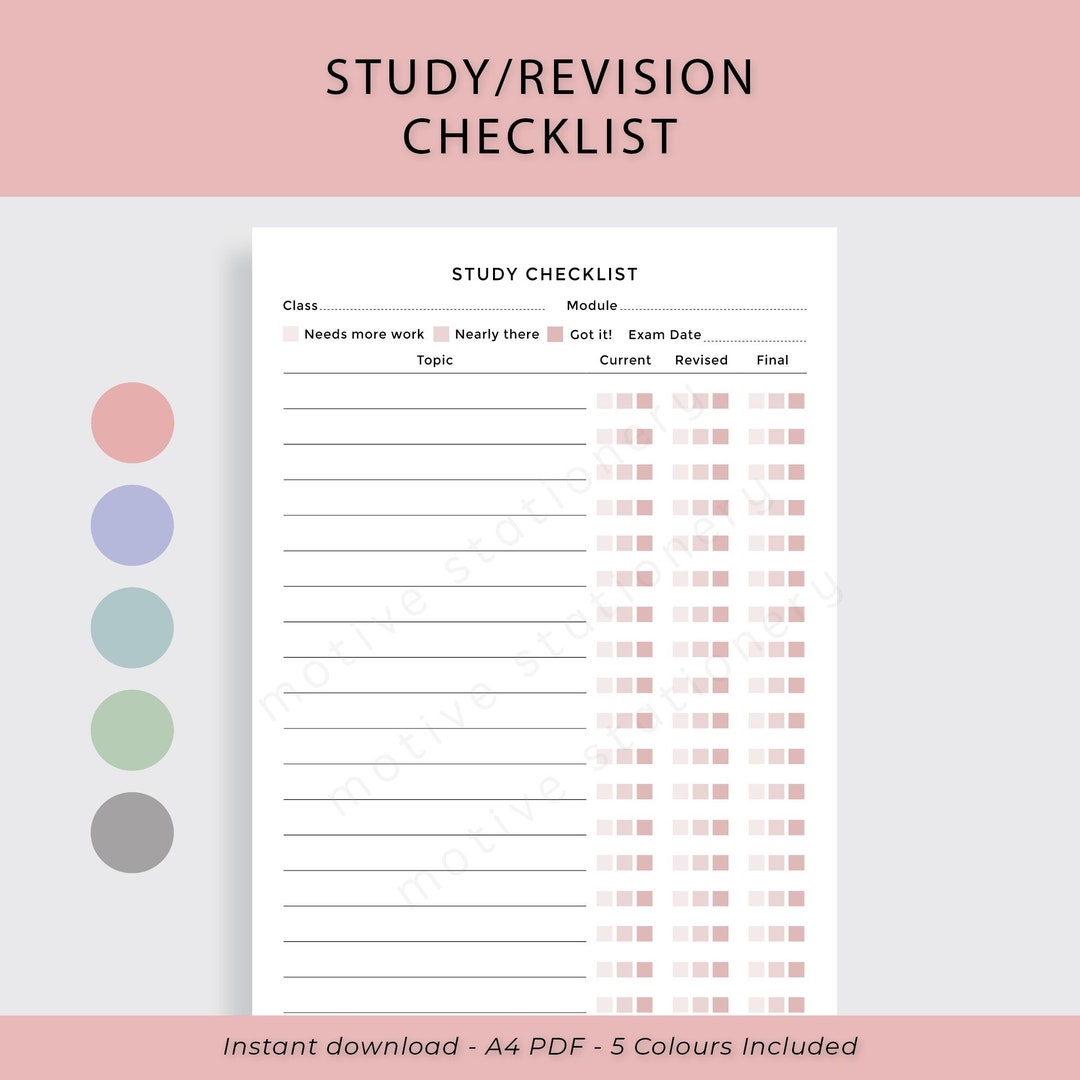Revision Study Checklist Tracker Printable - A4 PDF Instant Digital ...