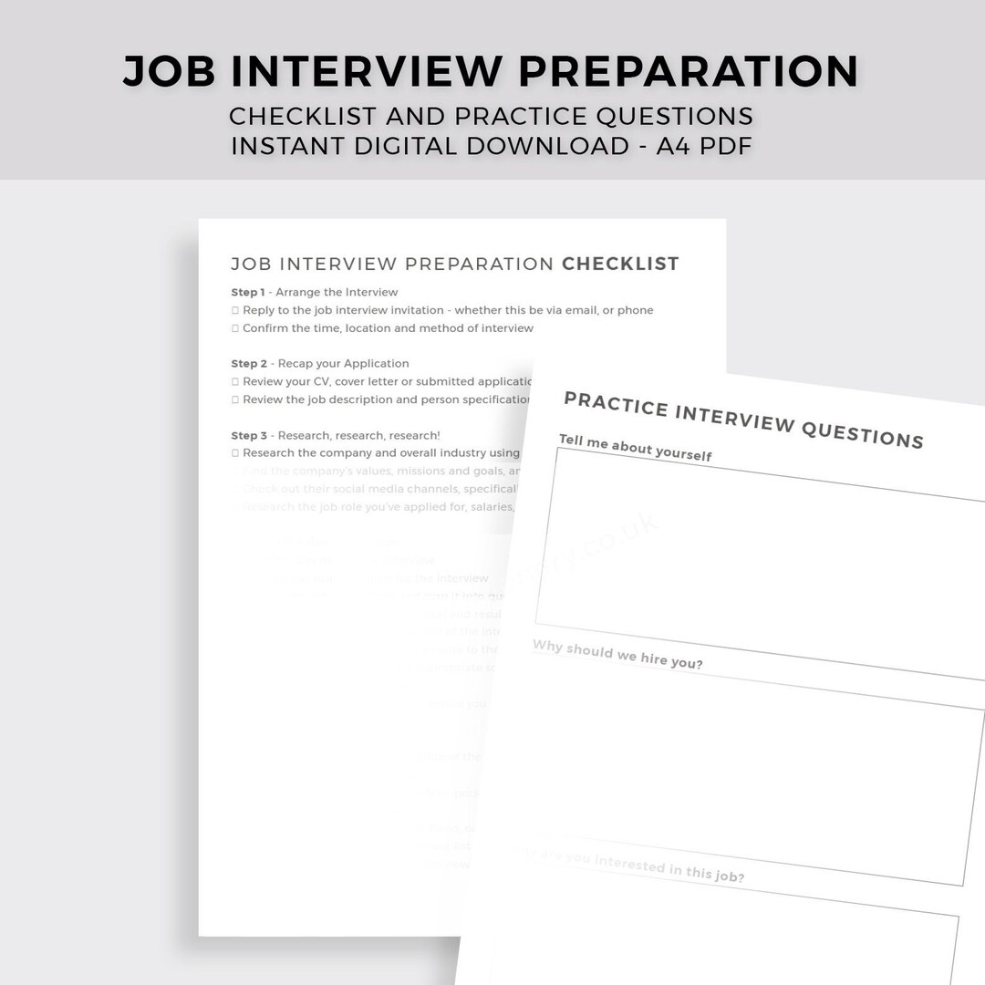 Job Interview Checklist and Practice Questions Instant Digital Download ...