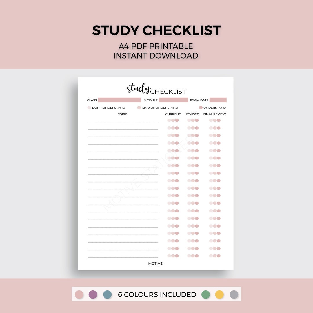Student Revision Study Checklist Tracker - A4 PDF Instant Digital ...