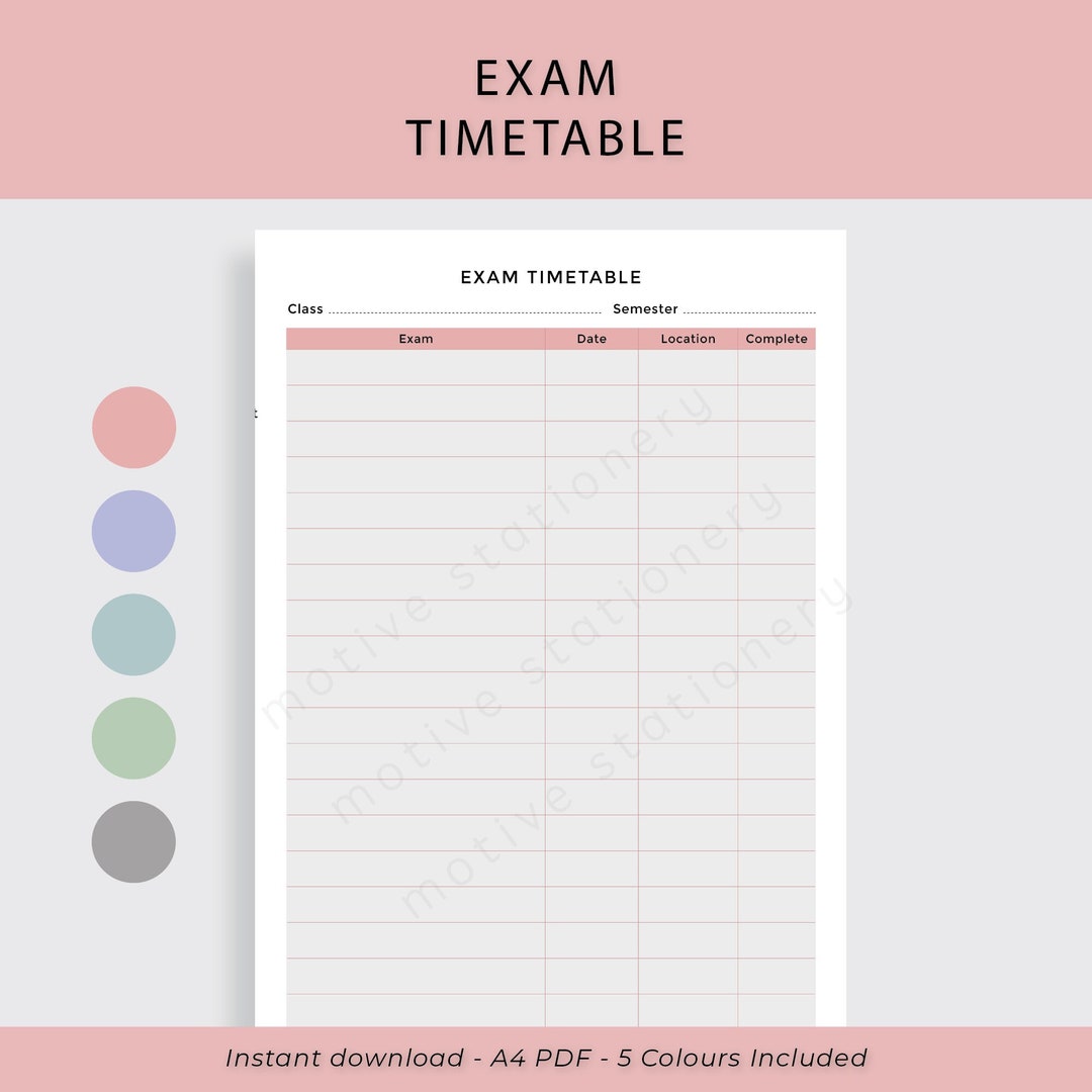 Student Exam Timetable Countdown Tracker - A4 Instant Digital Download ...