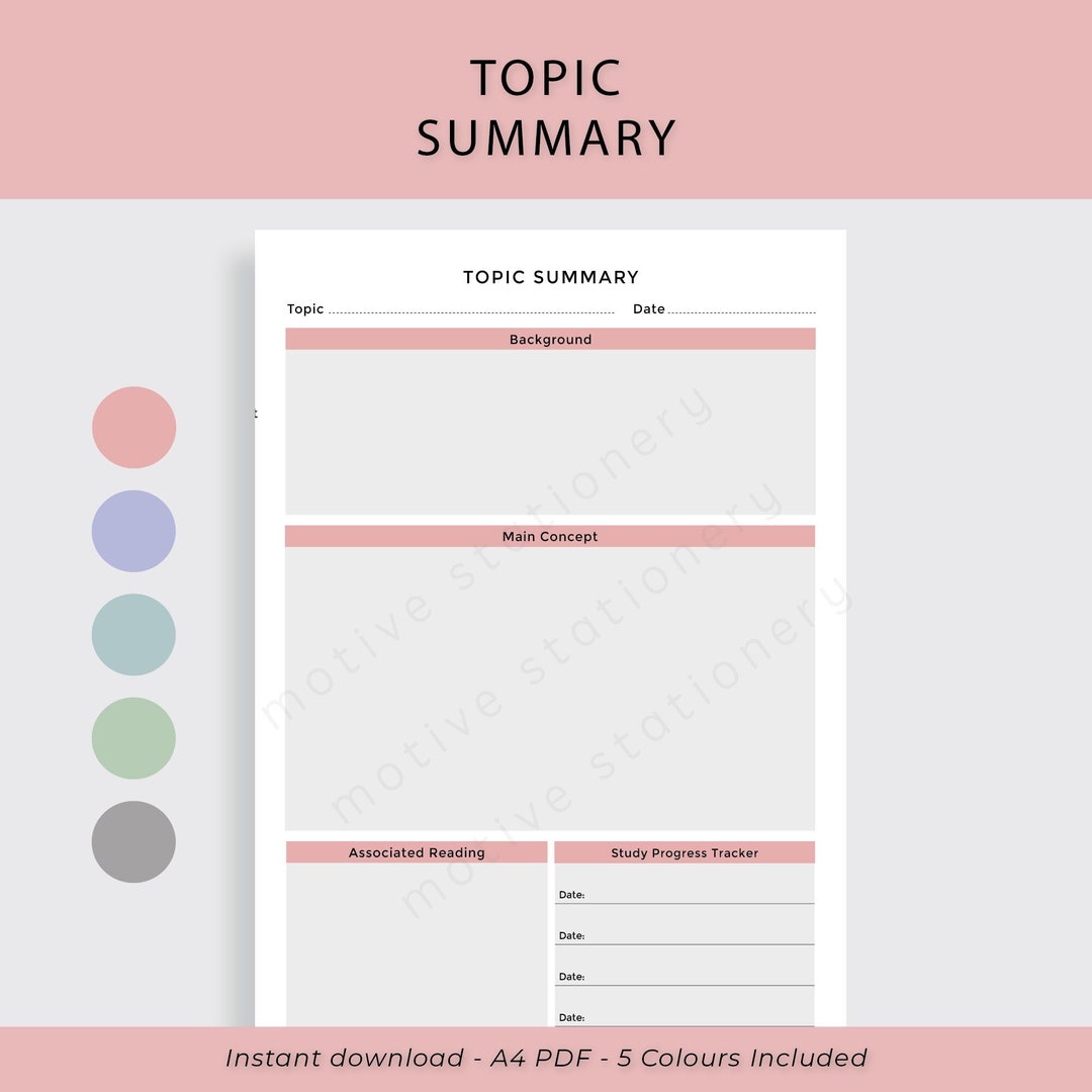 Topic Summary Note-taking Template - A4 PDF Instant Digital Download ...