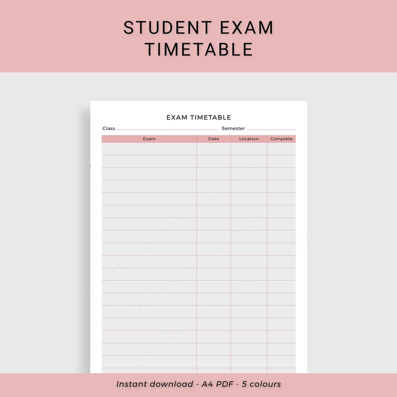 Student Exam Timetable Countdown Tracker A4 Instant Digital | Etsy