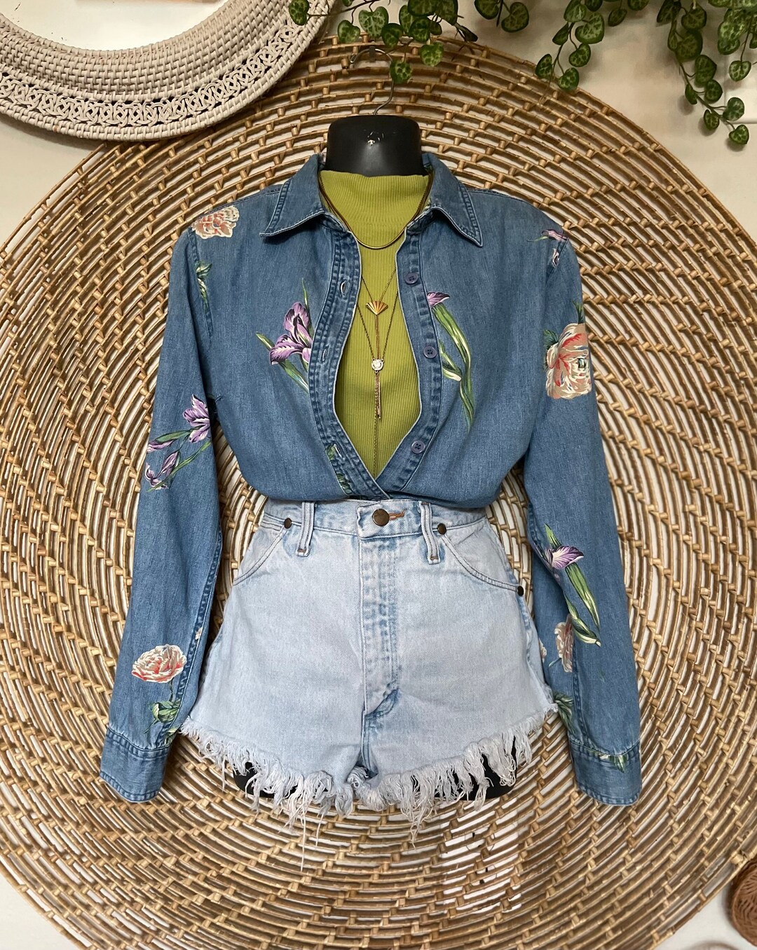 90's Natural Fade Denim Flower & Stem Print Jean Garment - Etsy