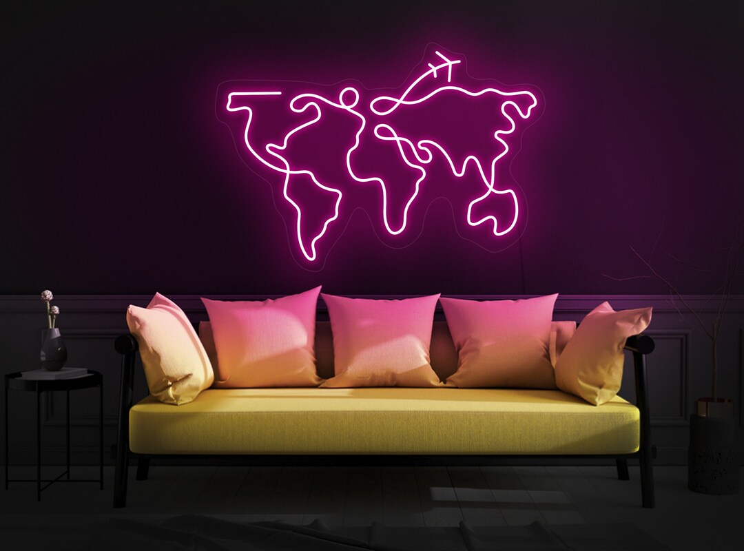 World Map Neon Sign, World Map Led Sign, World Map Light Sign, Travel ...