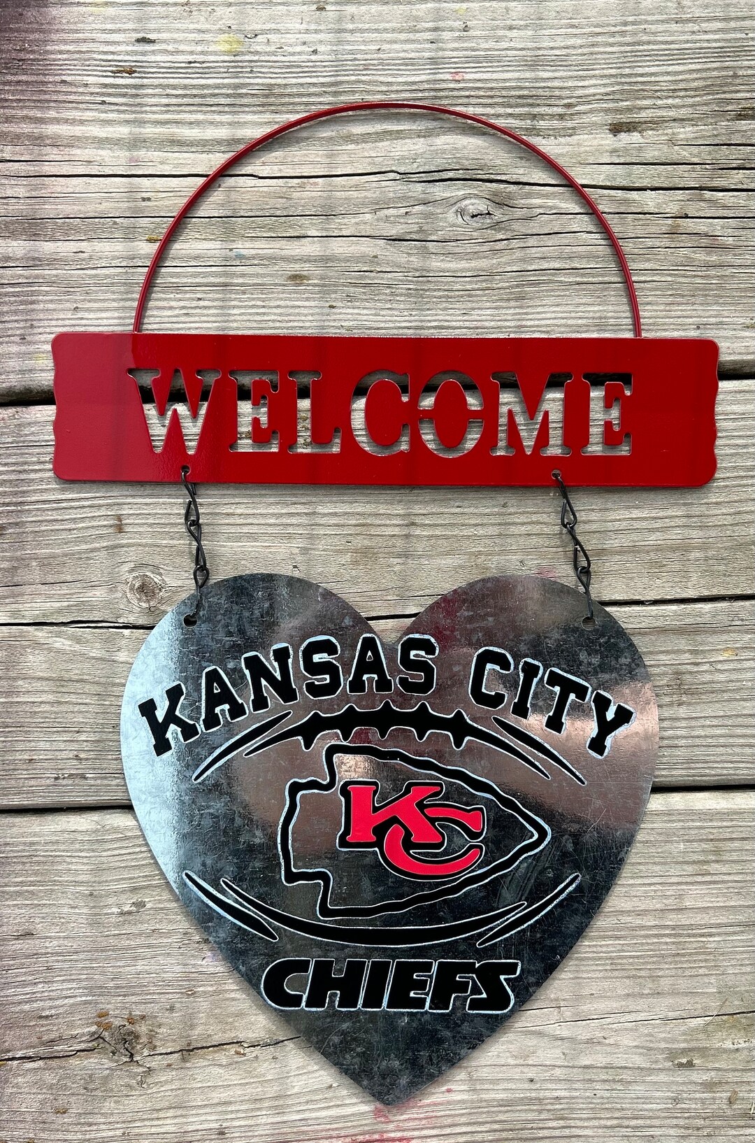 Kansas City Chiefs Welcome / Door Hanger 11.5x9 Galvanized Metal Heart ...