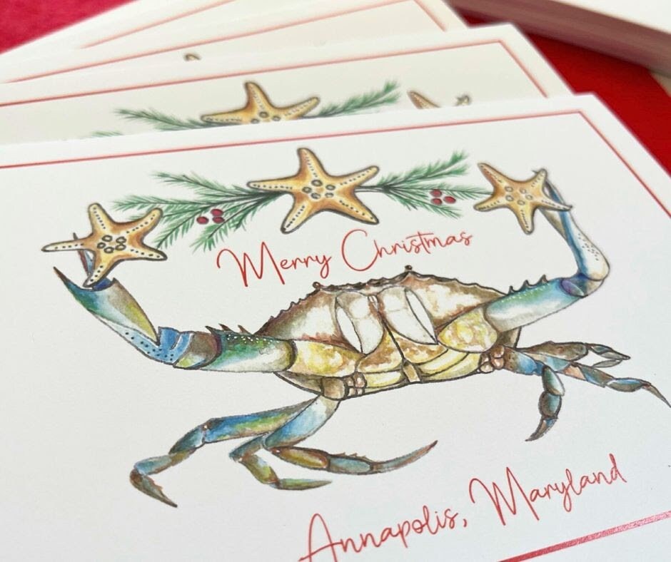 Crab Christmas Card Set, Yuletide Crustacean 5×7 Folded Cards With 14 ...