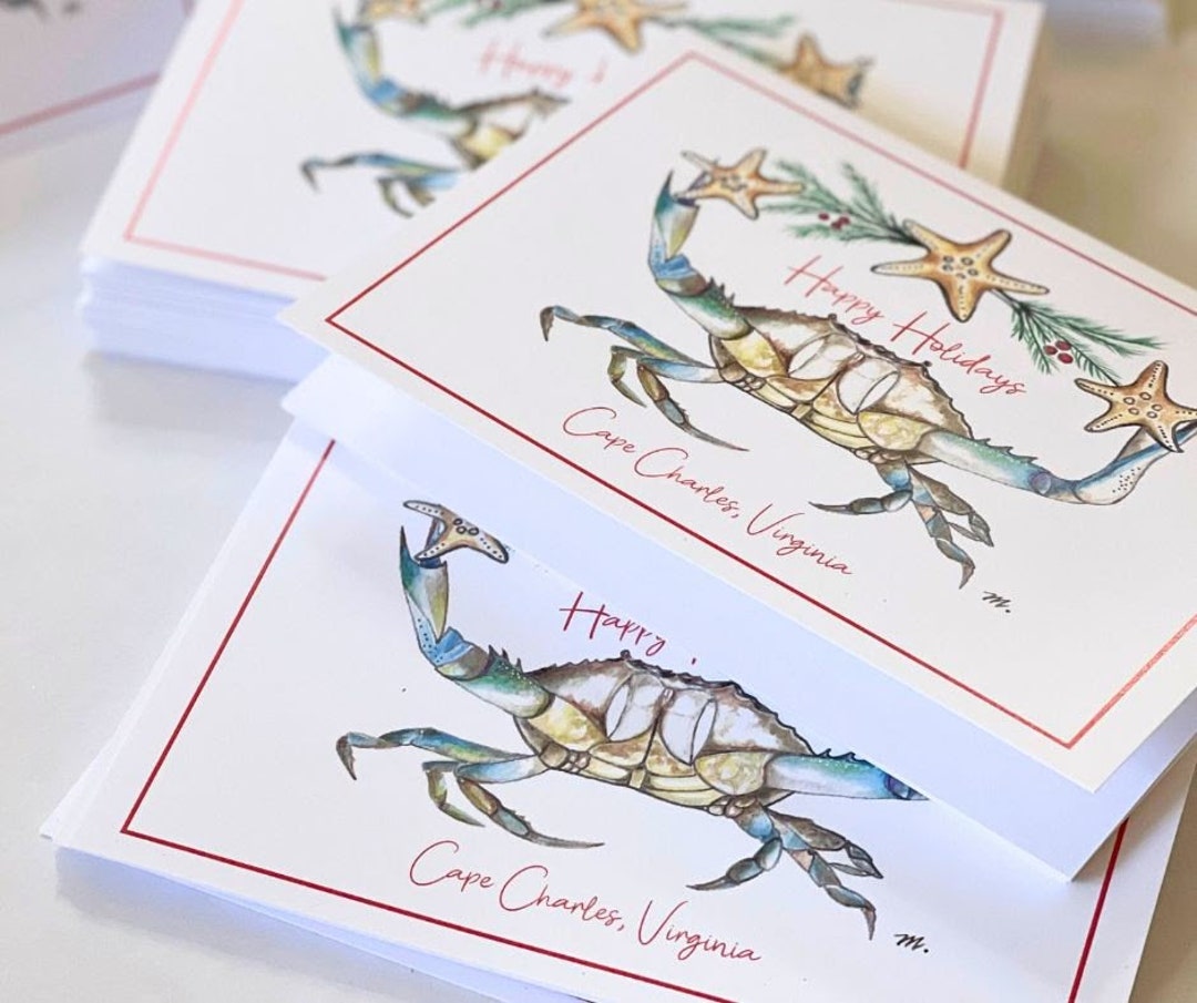 Crab Christmas Card Set, Yuletide Crustacean 5×7 Folded Cards With 14 ...