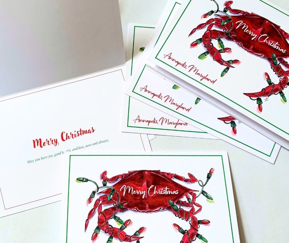 Christmas Crab Card, 5x7 Holiday Lights Red Beach Theme Card ...