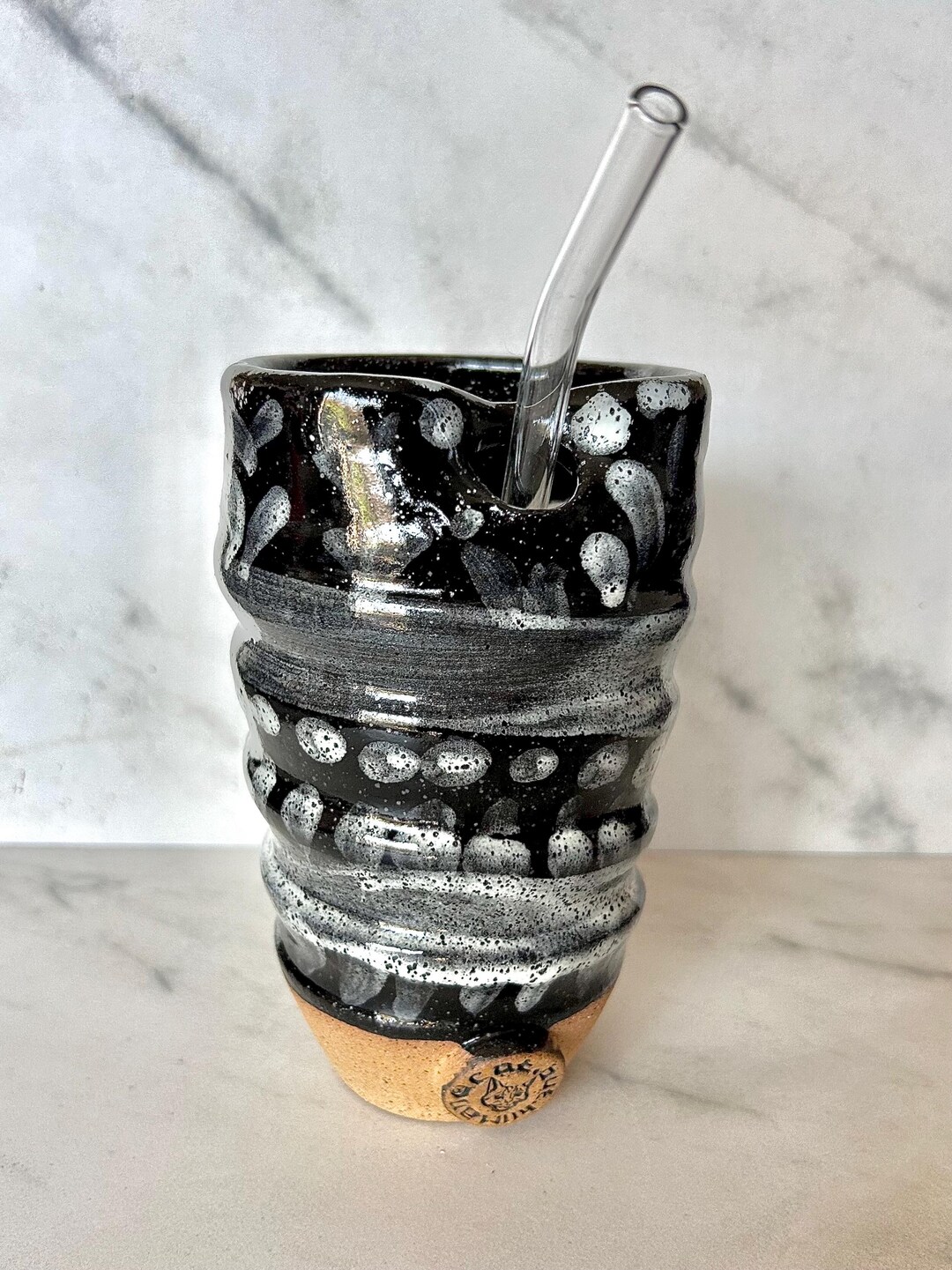 Handmade Ceramic Swirly Cup With Glass Straw - Inverted Sumi-e - Etsy
