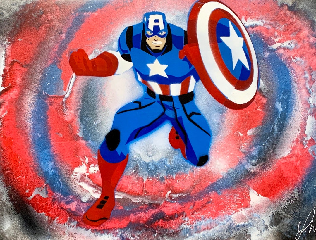 Original Captain America Spray Paint Art: Signed Avengers Shield ...