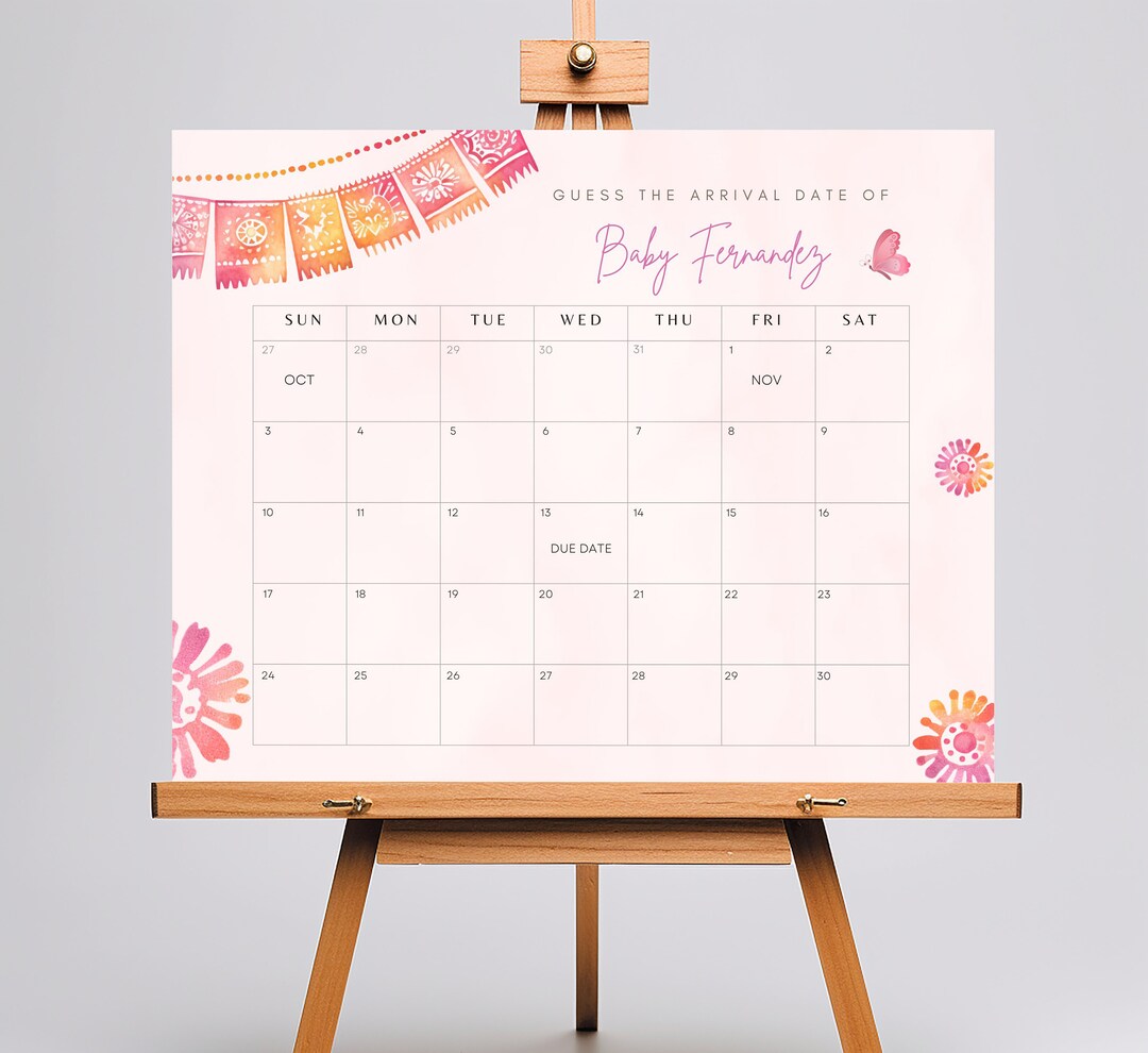Editable Due Date Calendar Cielito Lindo Baby Shower Pink Talavera ...